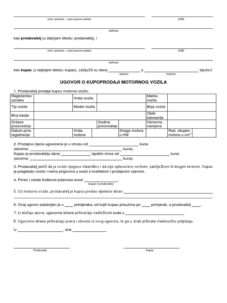 Ugovor o Kupoprodaji Motornkog Vozila | PDF