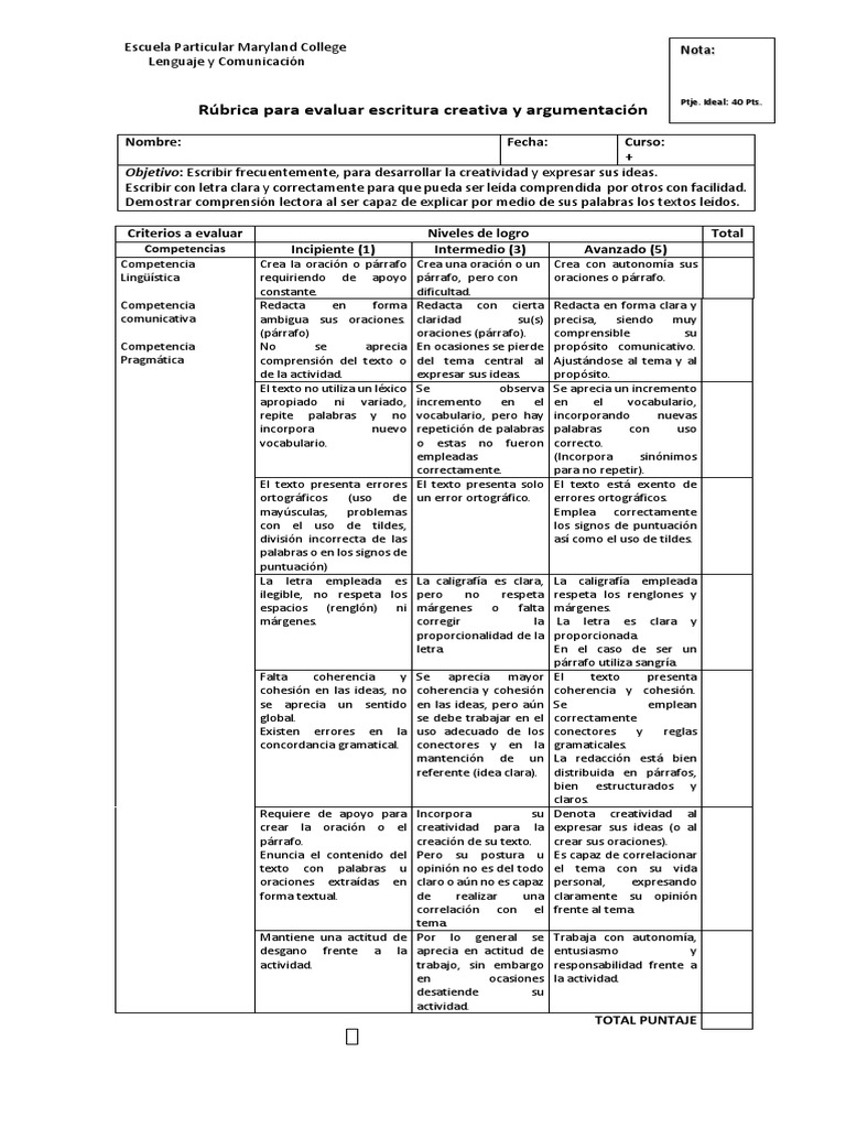 Rúbrica para Evaluar Escritura Creativa y Argumentación | PDF ...