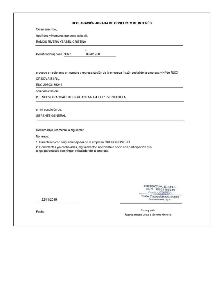 Declaracion Jurada De Conflicto De Interes Pdf