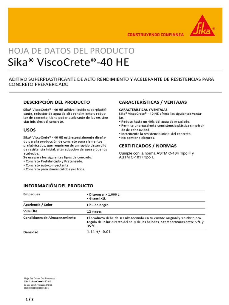 HT-Sika ViscoCrete-40 HE | PDF | Hormigón | Materiales