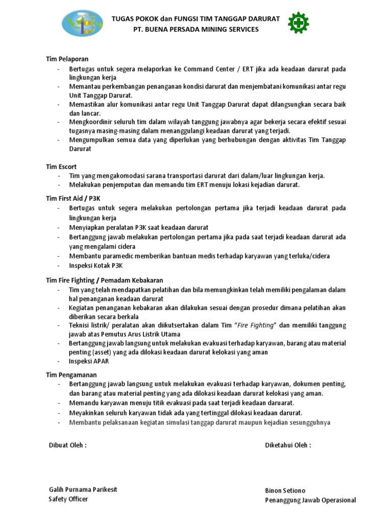 Tugas Tim Tanggap Darurat PT. Buena | PDF