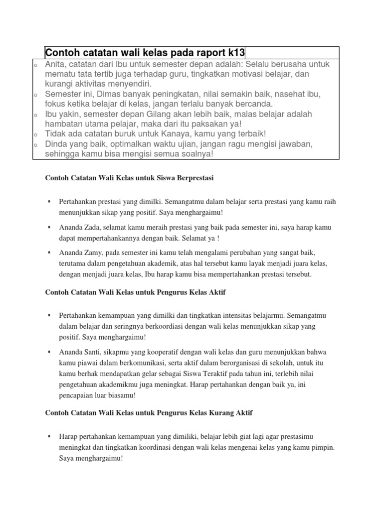 Contoh Catatan Wali Kelas Pada Raport k13 | PDF