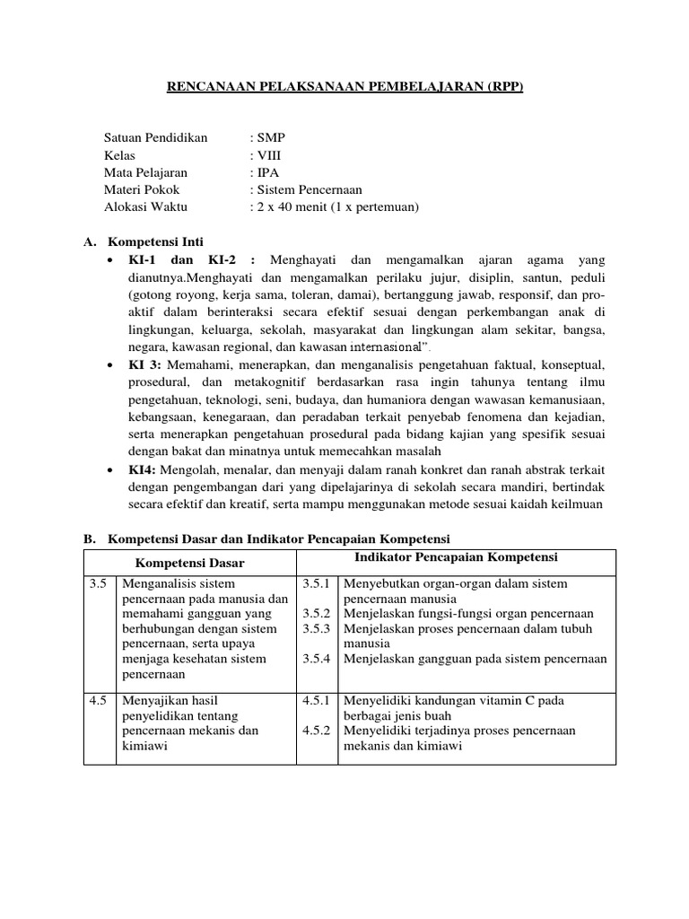 RPP Sistem Pencernaan Kelas 8 SMP | PDF | Karier & Perkembangan