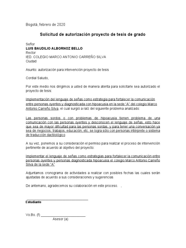 Solicitud de Autorización Proyecto de Tesis de Grado PDF | PDF ...