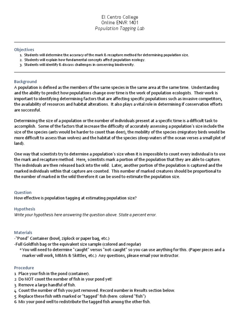 Online Envr 1401 Population Tagging Lab Ada Pdf Errors And