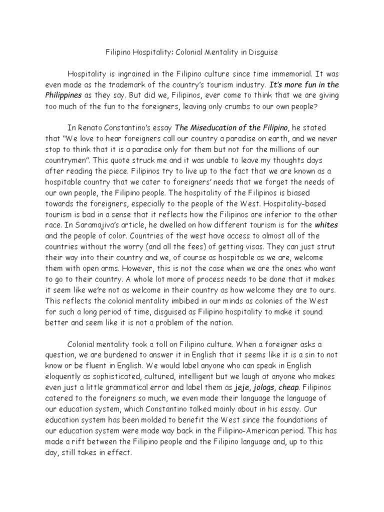 Filipino Hospitality and Colonial Mentality | PDF | Philippines