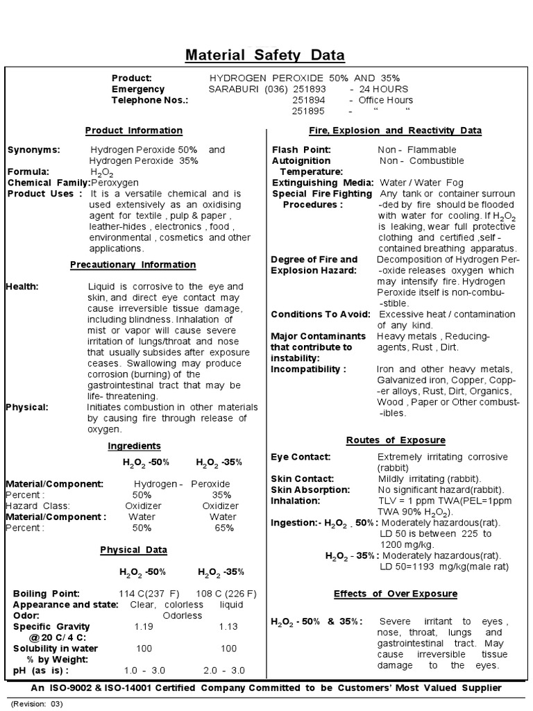 Msds Hydrogen Peroxide | PDF | Hydrogen Peroxide | Fires