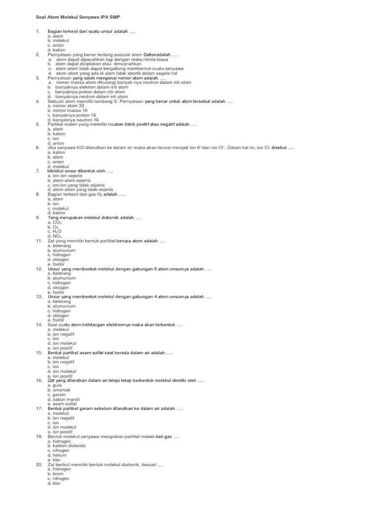 Soal Atom Molekul Senyawa IPA SMP | PDF