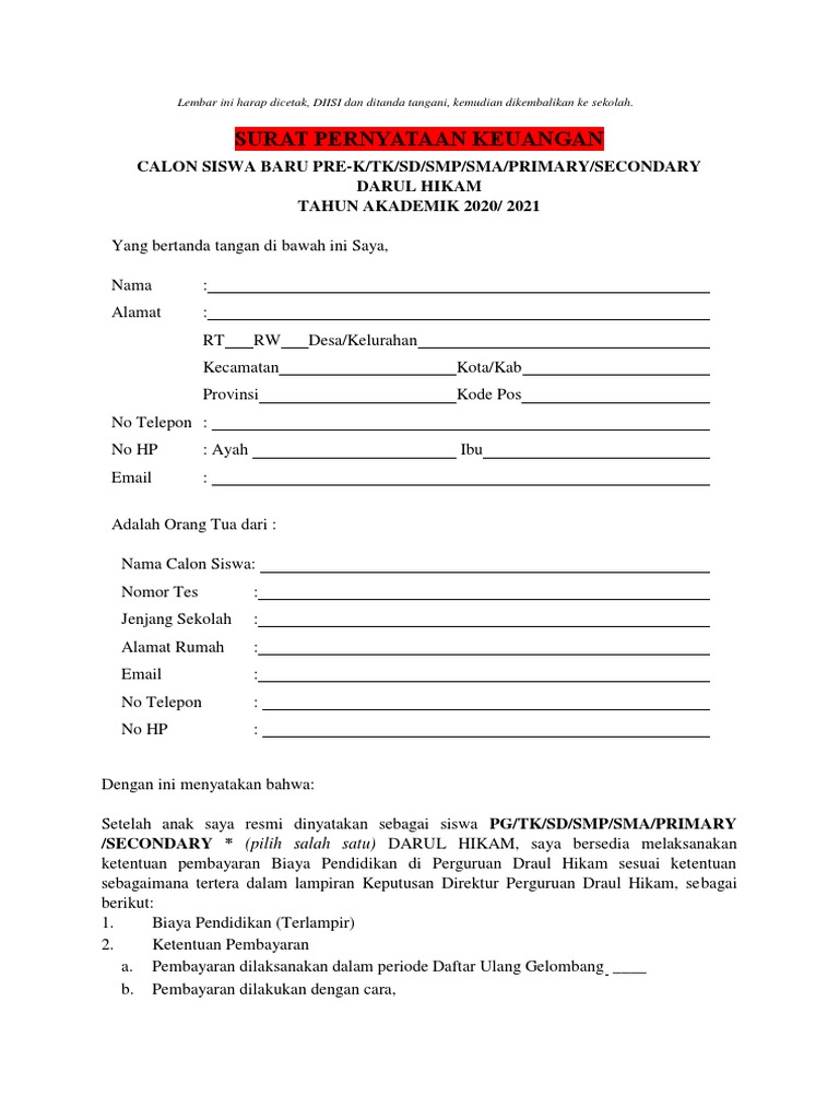 Surat Pernyataan Keuangan PSB 2020 PDF | PDF