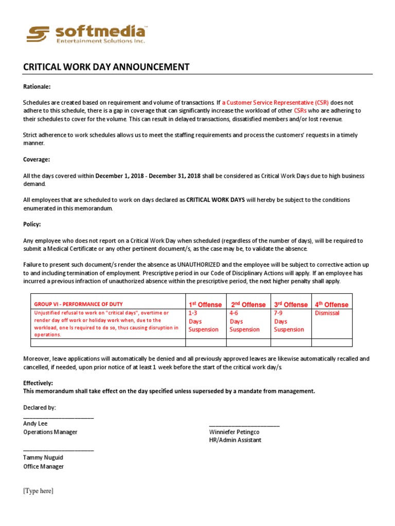 Critical Work Days Policy | PDF | Document | Political Economy