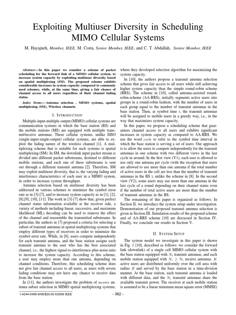Exploiting Multiuser Diversity in Scheduling MIMO Cellular Systems | PDF | Mimo ...