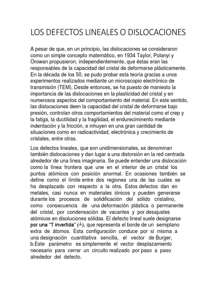 LOS DEFECTOS LINEALES O DISLOCACIONES Marcos | PDF | Dislocación ...