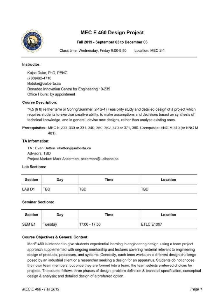 MecE 460 F2019 Syllabus | PDF