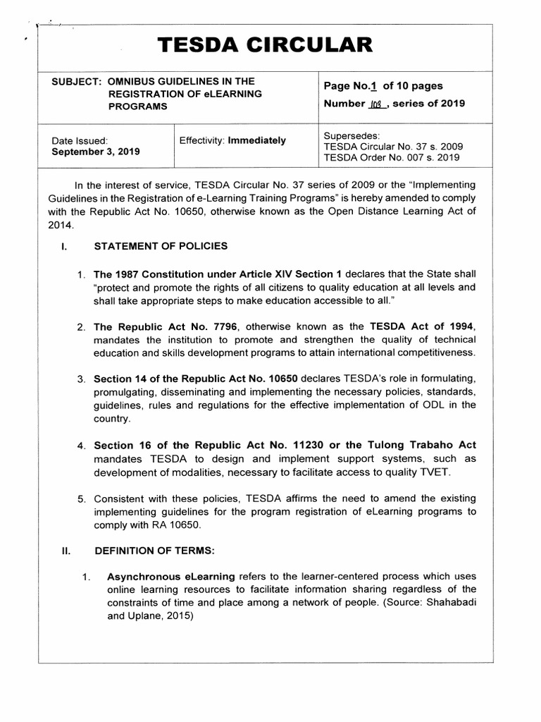 TESDA Circular No. 103-2019 - E-Learning1 | PDF | Educational ...
