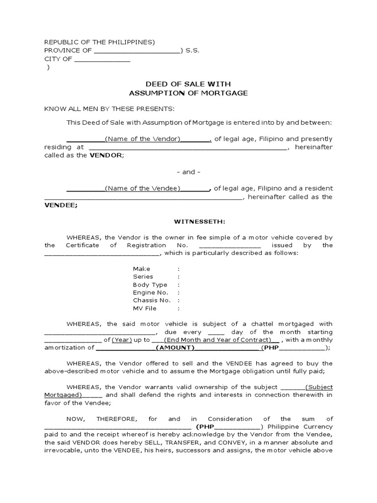 Deed of Sale With Assumption of Mortgage | PDF | Mortgage Law | Deed