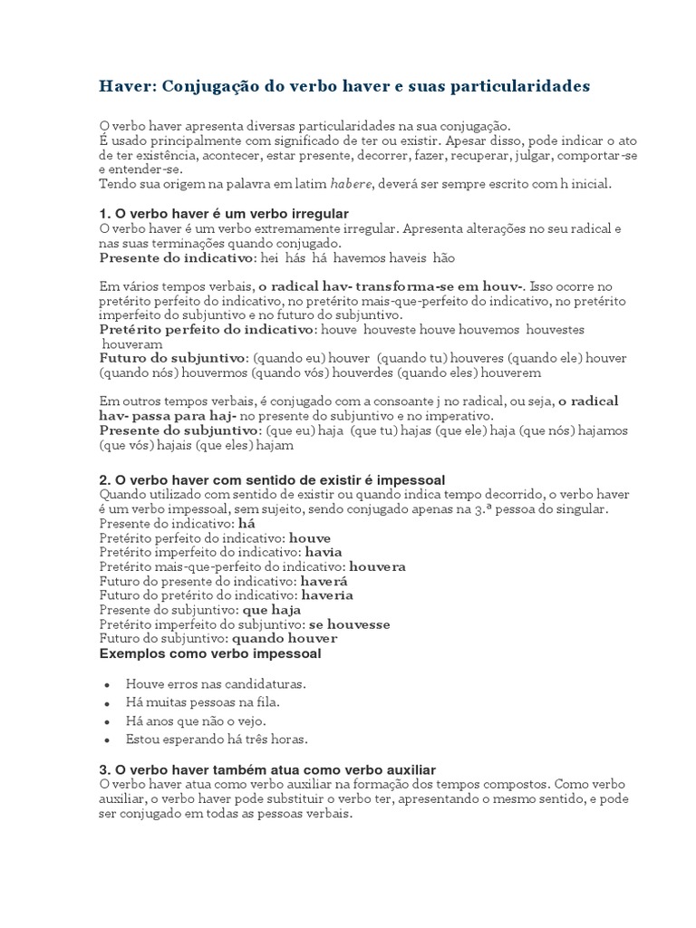Verbo Haver - LEA Com Resp. | PDF | Conjugação gramática | Filologia