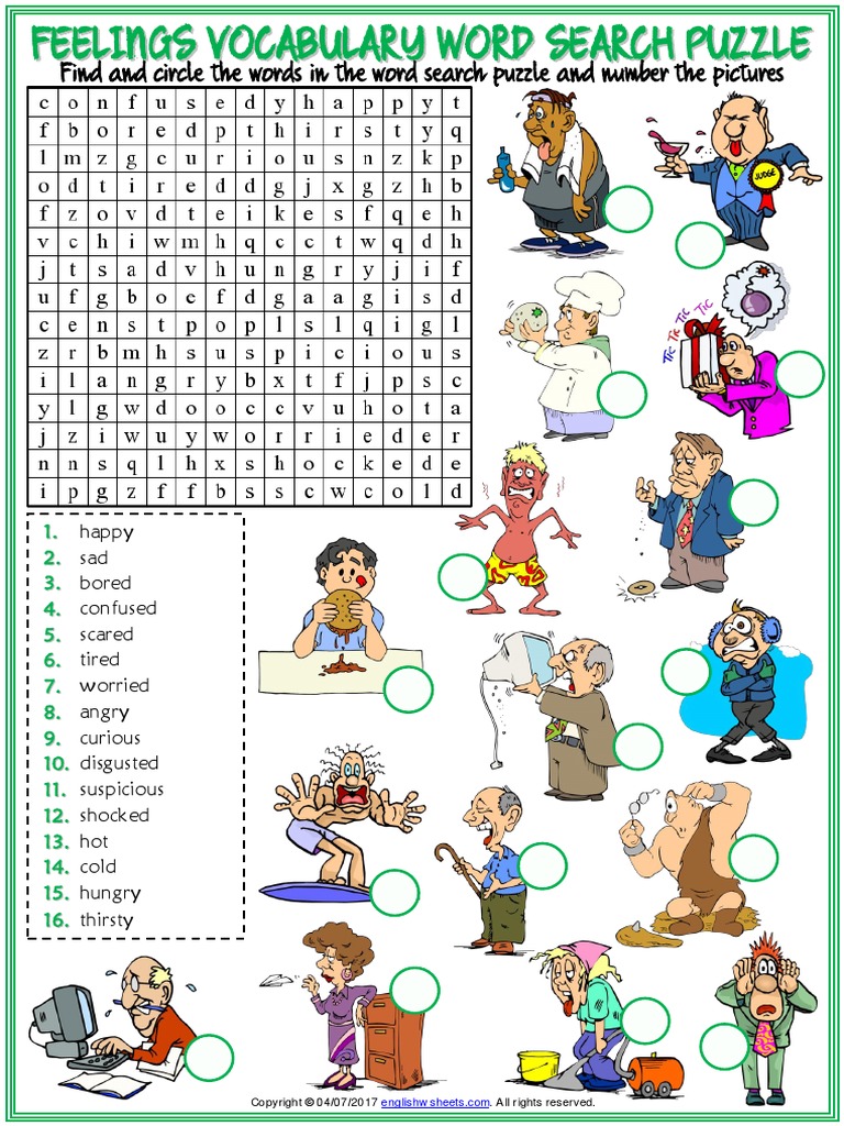 Feelings Emotions Vocabulary Esl Word Search Puzzle Worksheet For Kids ...
