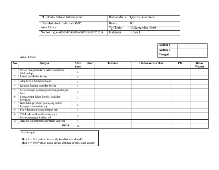 Checklist Audit Internal GMP (Area Office) | PDF