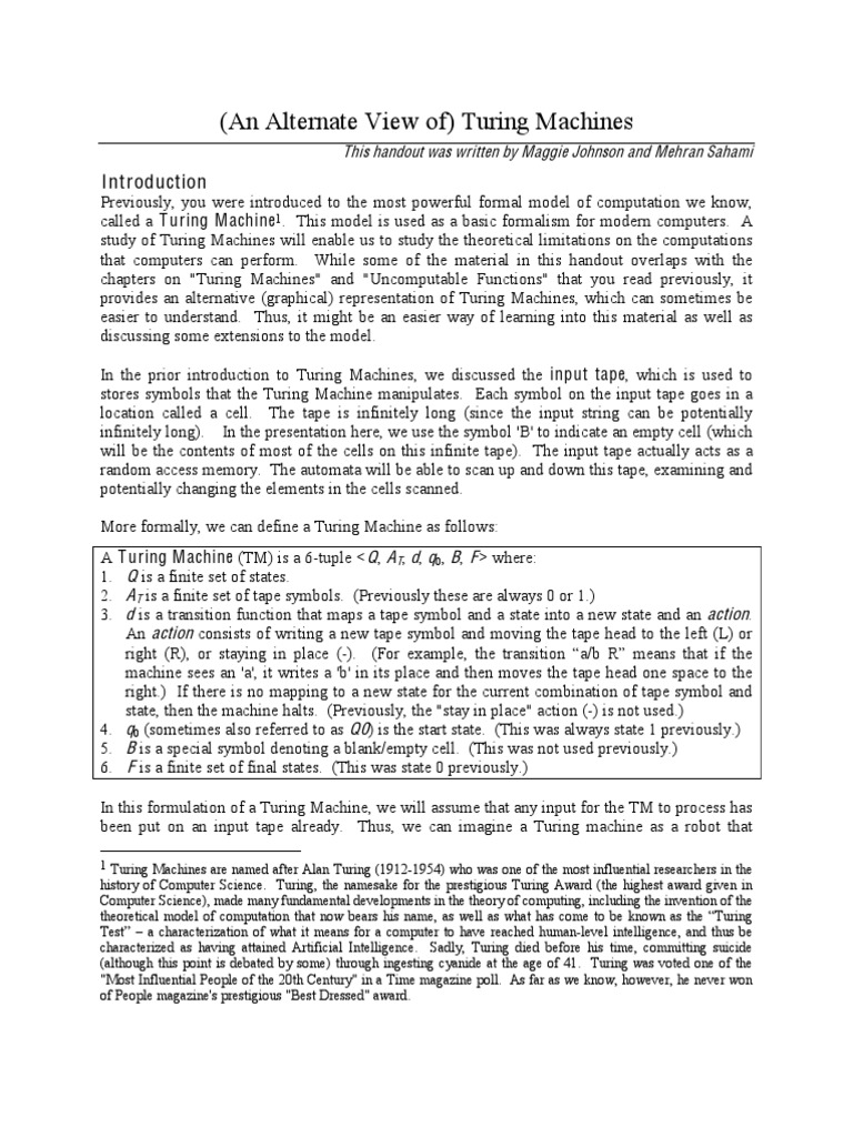 (An Alternate View Of) Turing Machines: This Handout Was Written by Maggie Johnson and Mehran ...