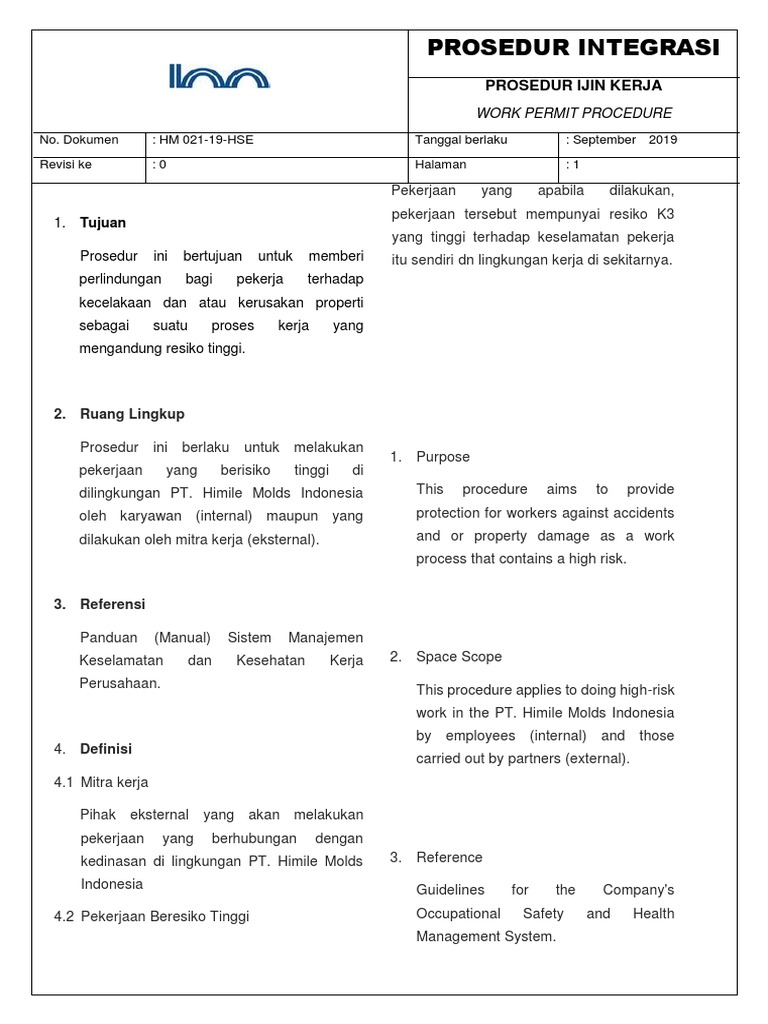 HM 021-19-Hse Prosedur Ijin Kerja | PDF
