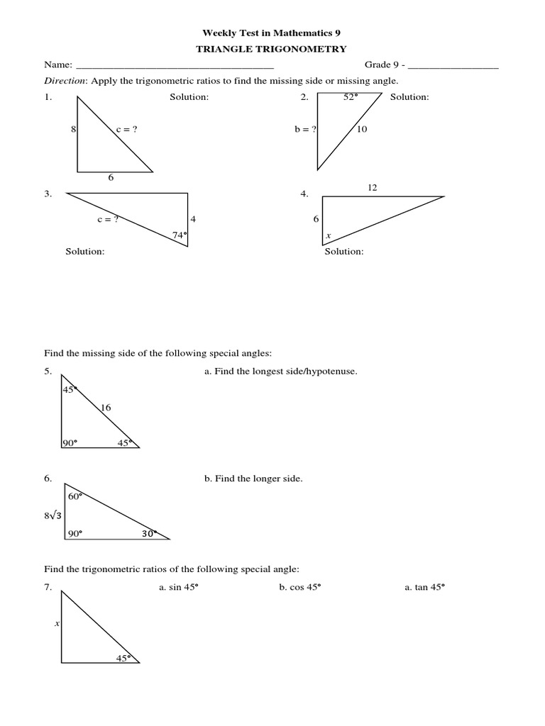 Grade 9 Trigonometry Test Worksheet | PDF | Trigonometry ...
