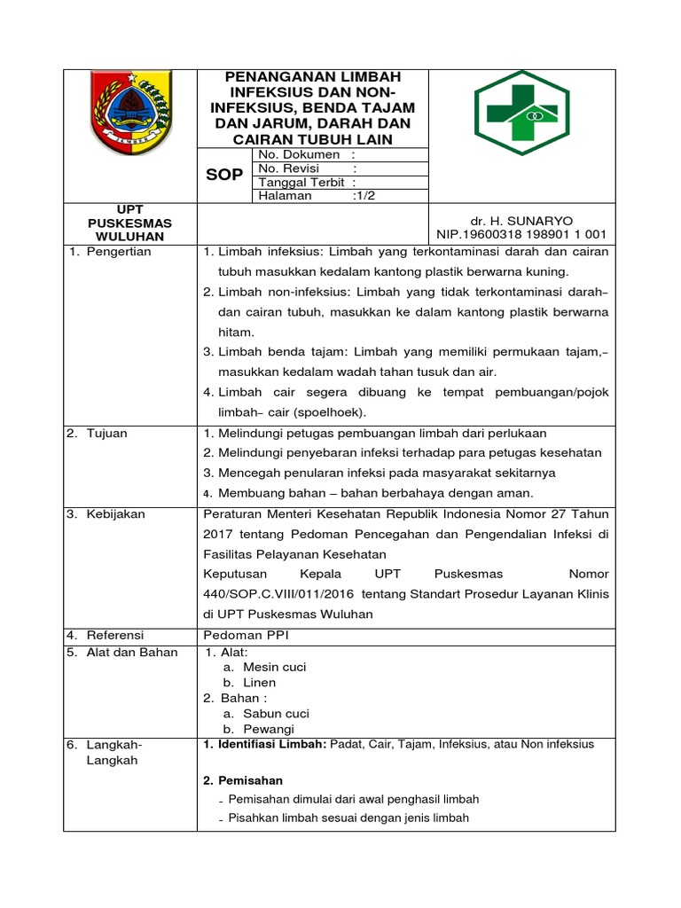 Sop Penanganan Limbah Infeksius Dan Non-Infeksius, Benda Tajam Dan Jarum, Darah Dan Cairan Tubuh ...