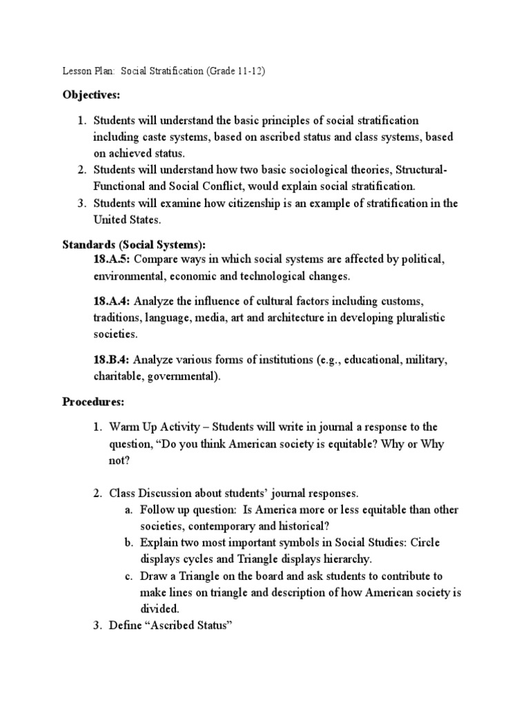 Lesson Plan Social Stratification | PDF | Social Status | Social ...