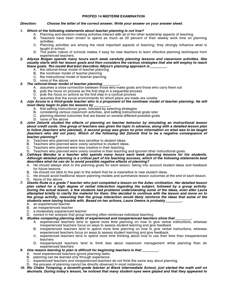 PROFED 14 Midterm Exam Overview | PDF | Teachers | Curriculum