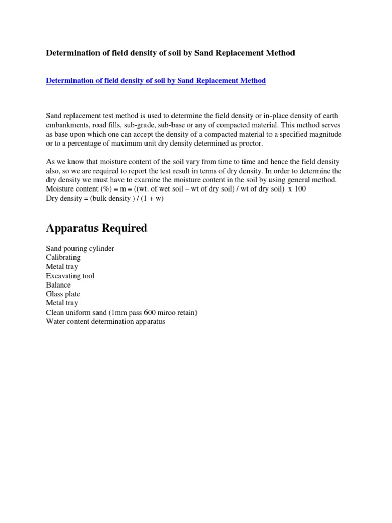 Field Density by Sand Replacement Method | PDF | Density | Physical ...
