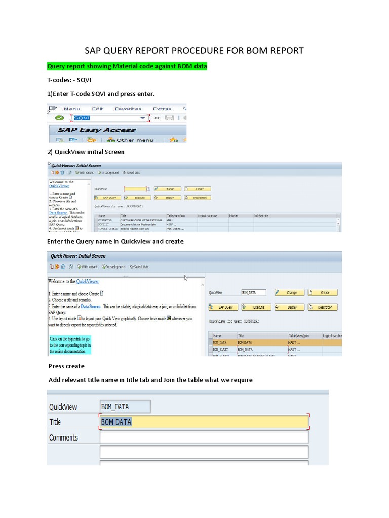 SAP BOM Report via SQVI Guide | PDF