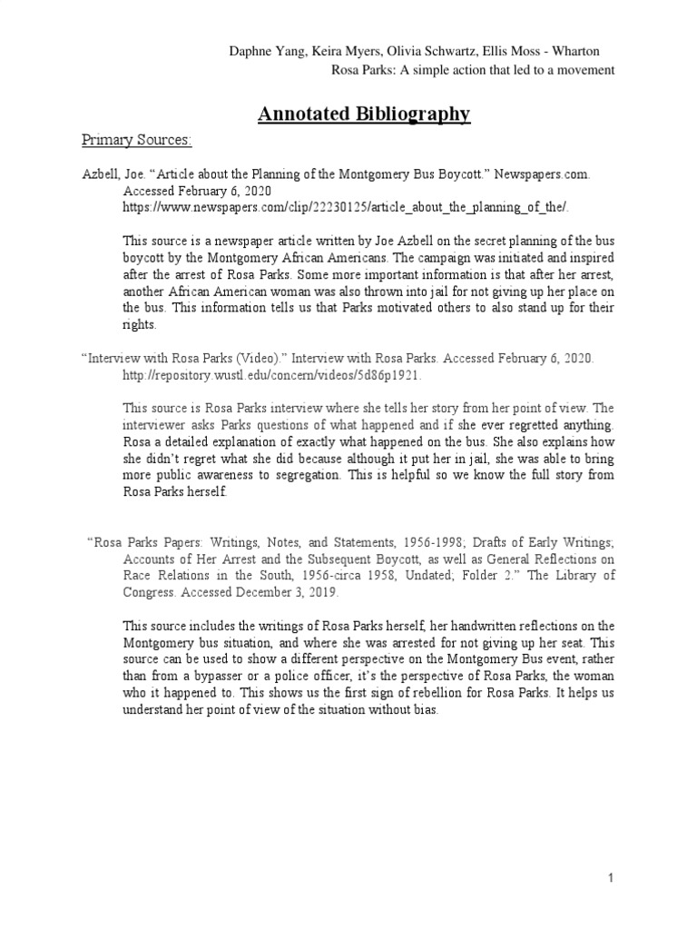 NHD Annotated Bibliography - 3 | PDF | Rosa Parks