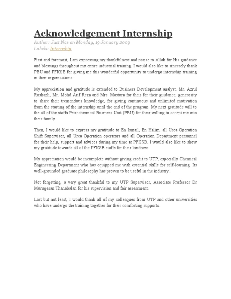 Acknowledgement for Internship Report | PDF