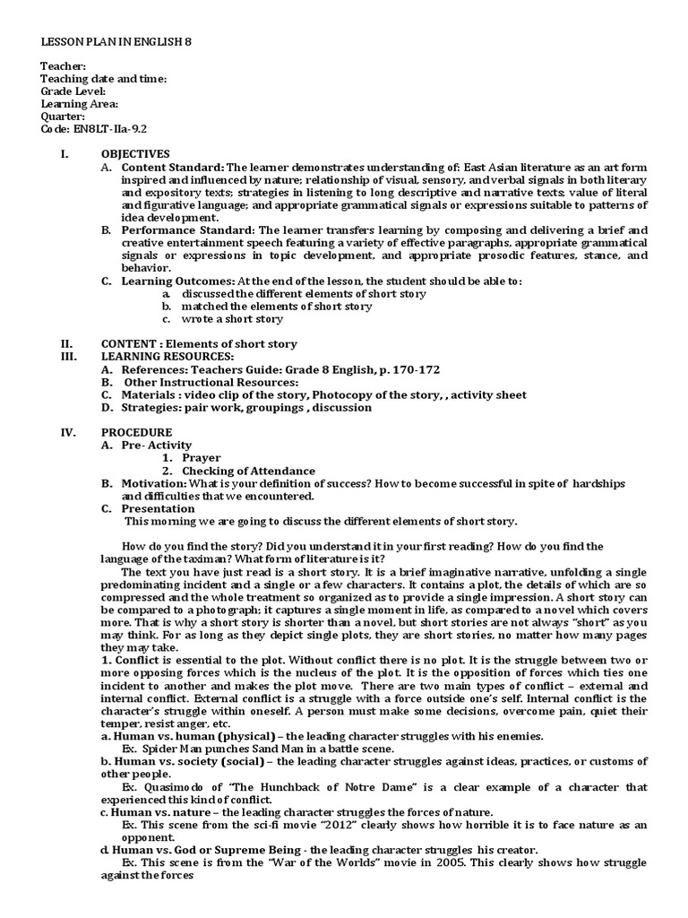 Elements of Short Story Lesson Plan | PDF | Narration | Narrative