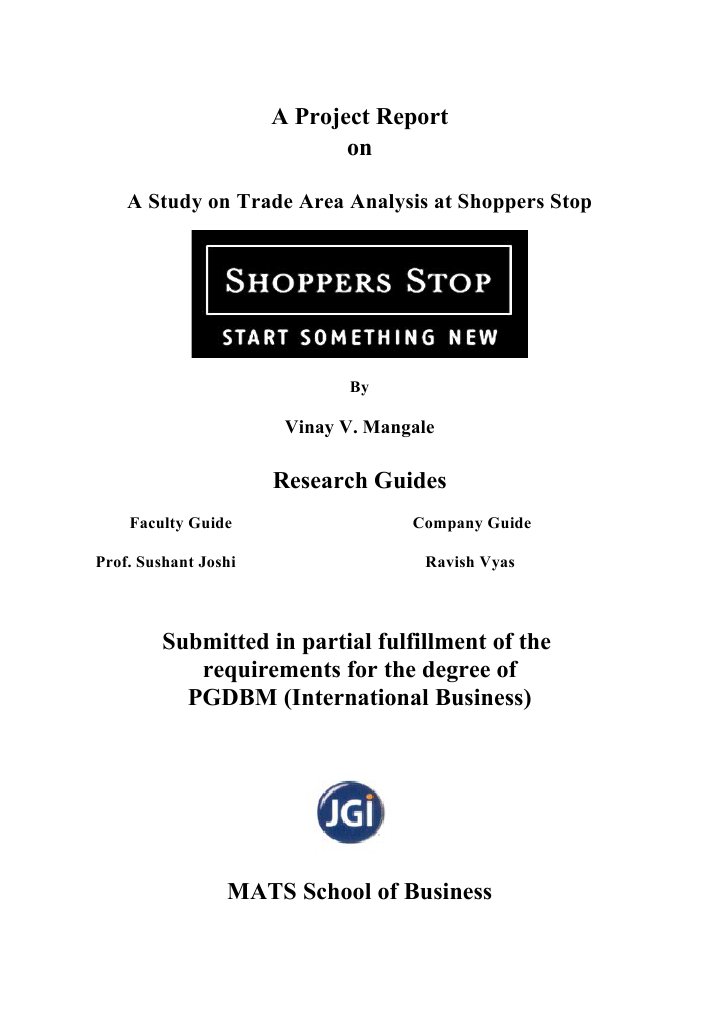 A Project Report On: A Study On Trade Area Analysis at Shoppers Stop | PDF