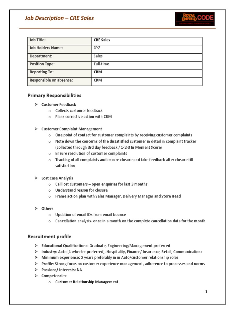 CRE Sales Job Description and Responsibilities | PDF | Career & Growth ...
