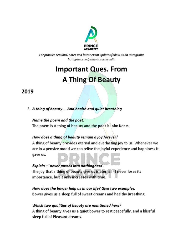 A Thing of Beauty Important Questions | PDF | John Keats