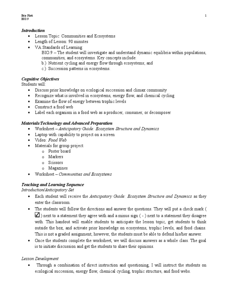 Ecosystem Dynamics Lesson Plan | PDF | Food Web | Ecosystem