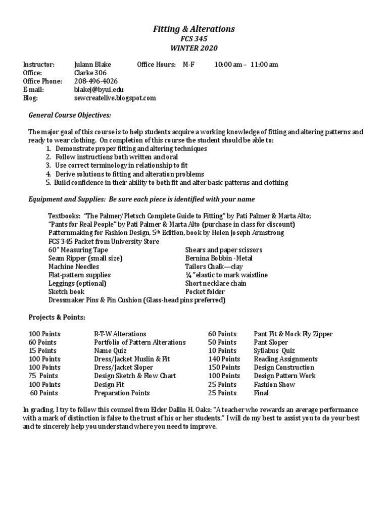 Winter 2020 Fcs 345 Syllabus 2 | PDF | Sewing | Seam (Sewing)