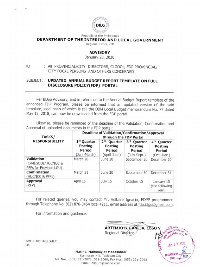 ADVISORY Re Updated Annual Budget Report Template On Full Disclosure Policy (FDP) Portal | PDF