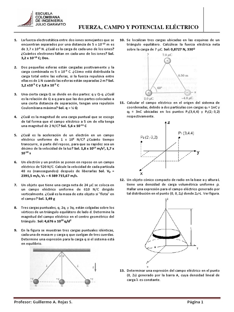 Taller de Fuerza, Campo y Potencial El Ctrico | PDF | Carga eléctrica | Campo eléctrico