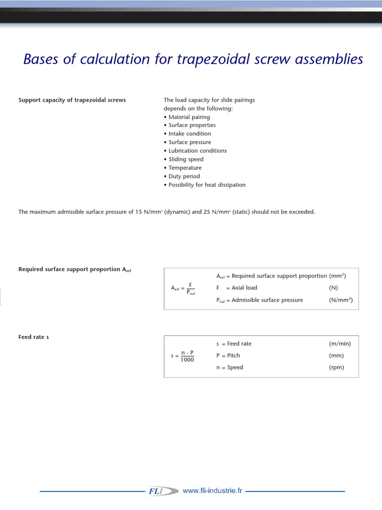 FLI Bases of Calculation For Trapezoidal Screw | PDF | Friction | Buckling