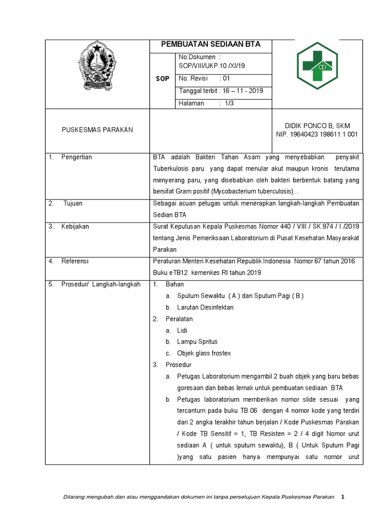 Prosedur Pembuatan Sediaan BTA | PDF