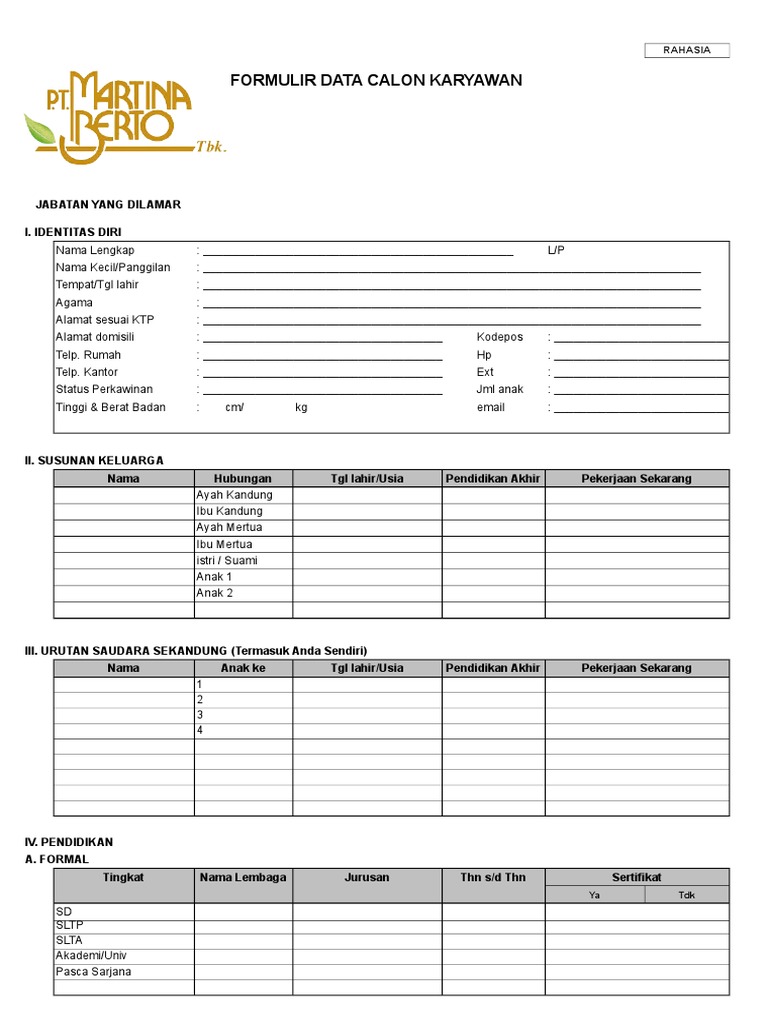 Form Isian Calon Karyawan | PDF