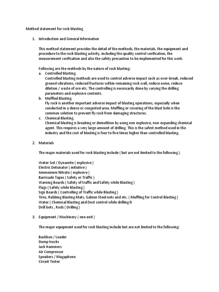 Method Statement For Rock Blasting | PDF | Nature