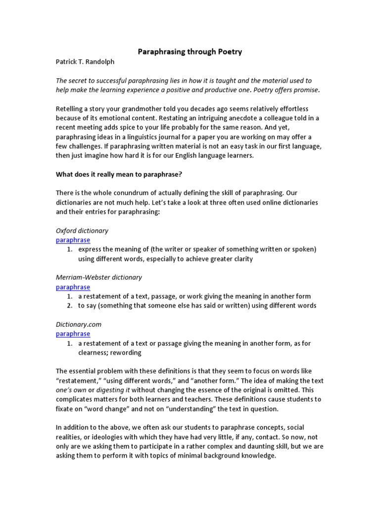 Paraphrasing Poetry for ELLs | PDF | Poetry | Emotions