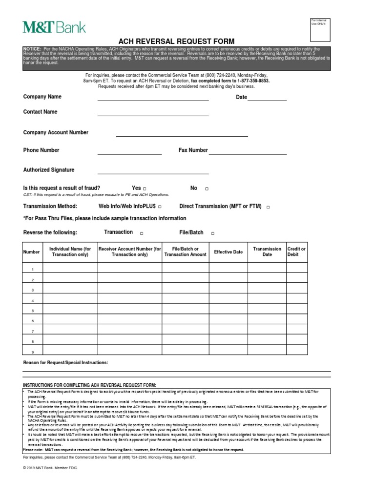 ACH Reversal Request Form | PDF | Automated Clearing House | Financial ...