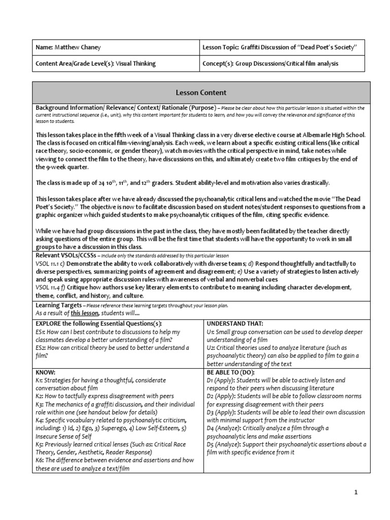 Dead Poets Society Cooperative Learning Lesson Plan 5 | PDF ...