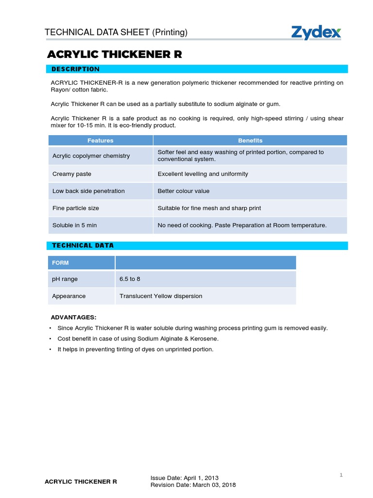 T - Acrylic Thickener R TDS - 2018 - 1.0 1 | PDF | Dye | Sodium Hydroxide