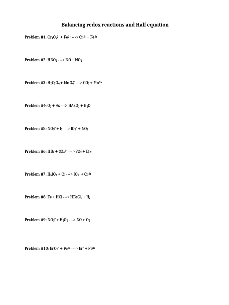 Practice Sheet With Solutions Balancing Redox Reactions and Half ...
