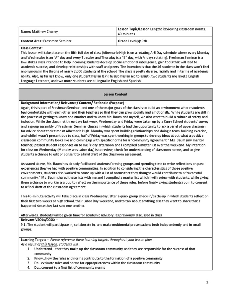 Freshman Seminar Reviewing Classroom Norms Lesson Plan | Download Free ...